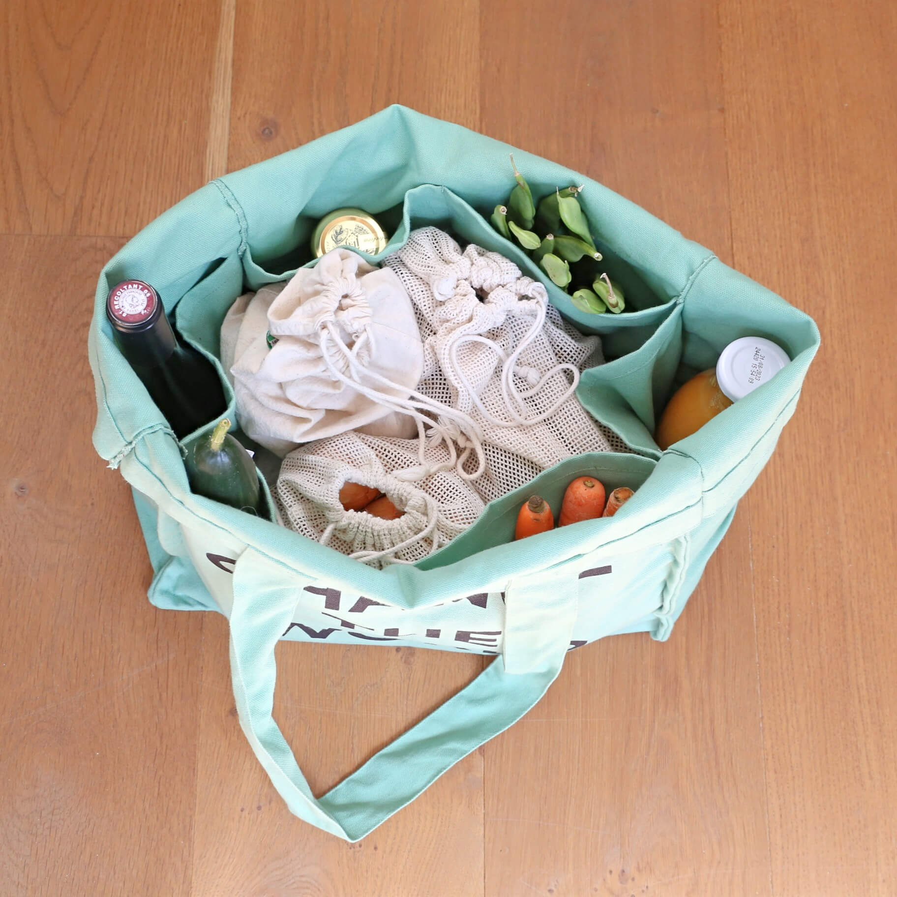 Organic Cotton Grocery Tote Bag | Multi-Pocket Shopping Bag with Bottle ...